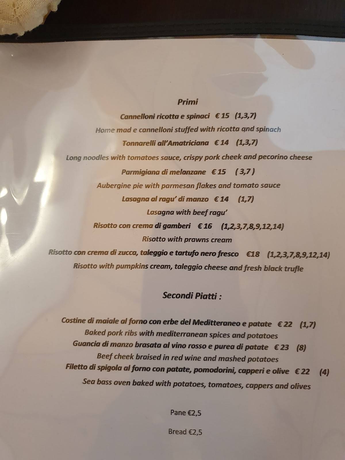 Menu at Celio Bistrot restaurant, Rome