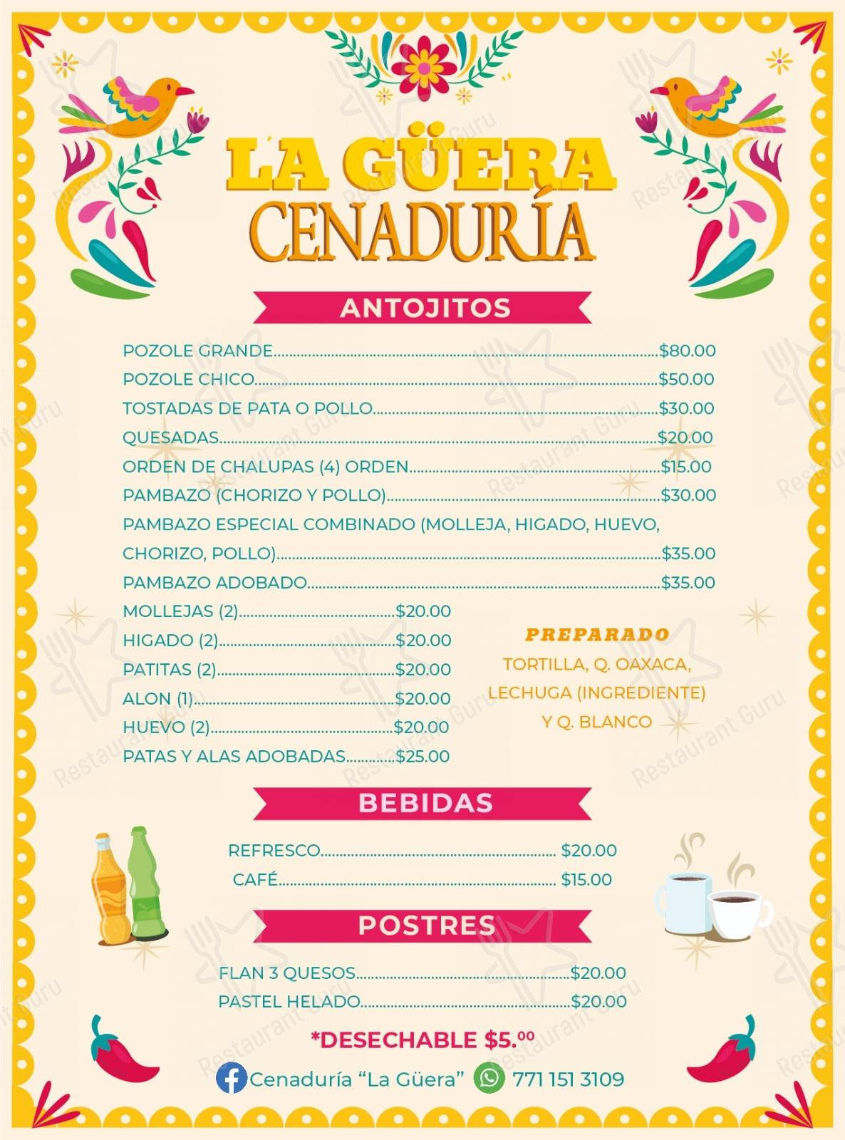 Carta del restaurante Cenaduria la güera, Pachuca del Soto
