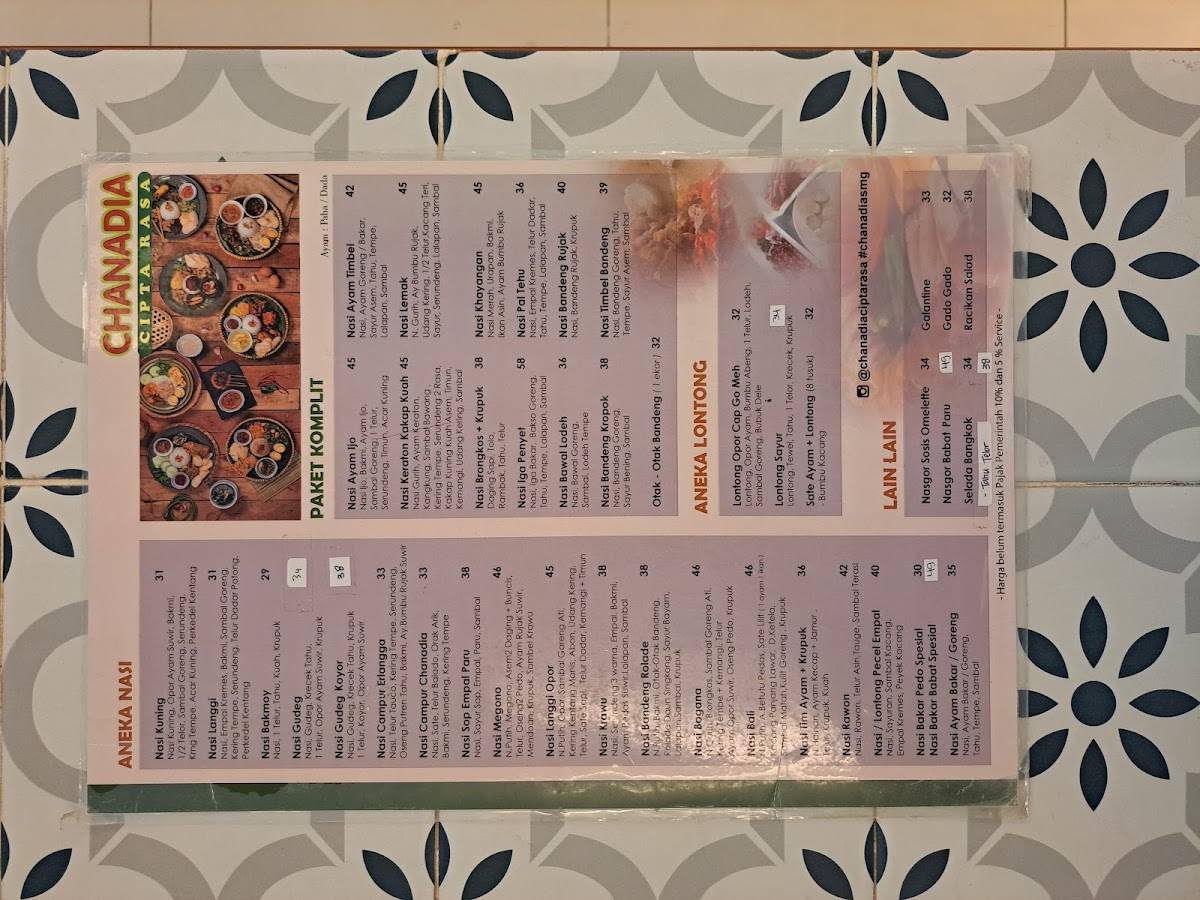 Carta del restaurante Chanadia Cipta Rasa Erlangga, Semarang