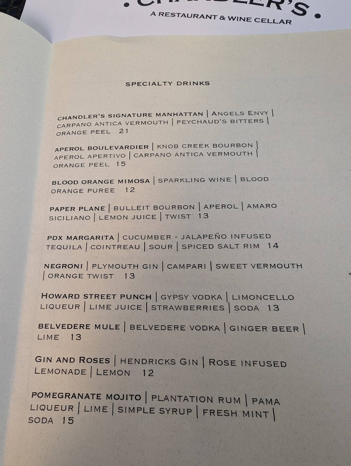 Menu at Chandler's pub & bar, Petoskey