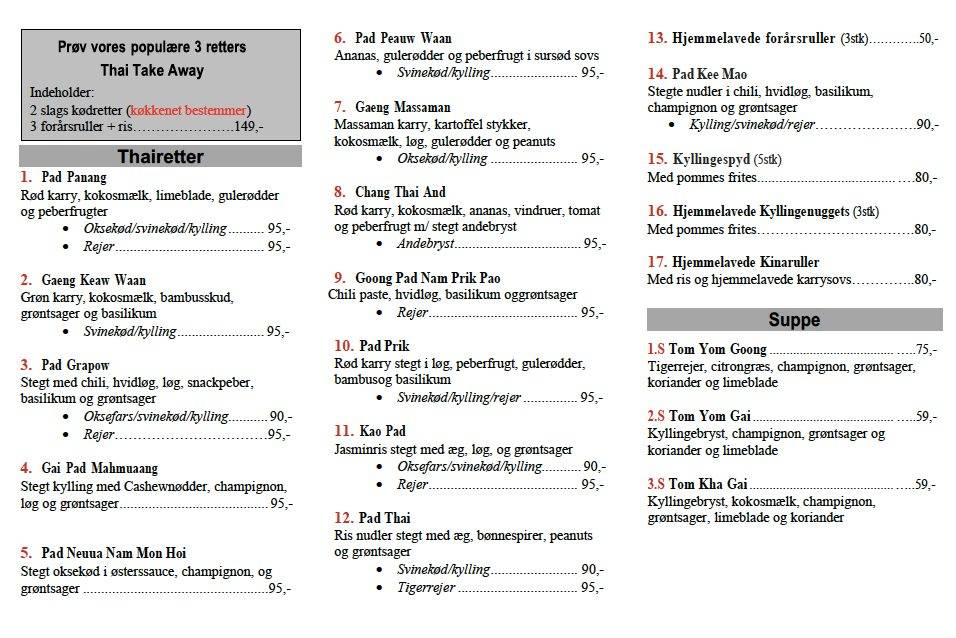 Menu at Chang Thai Take Away restaurant, Frederikshavn