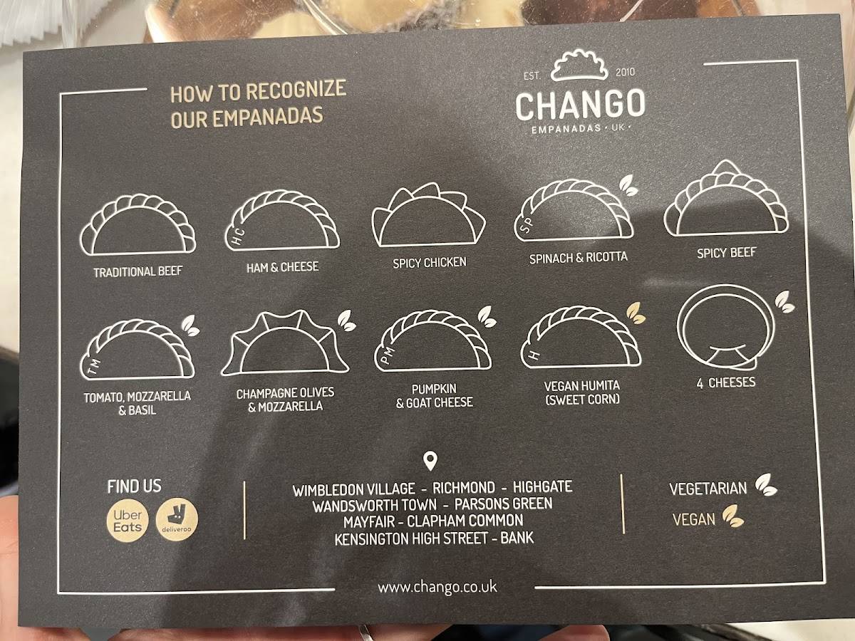 Menu at Chango Empanadas Mayfair restaurant, London