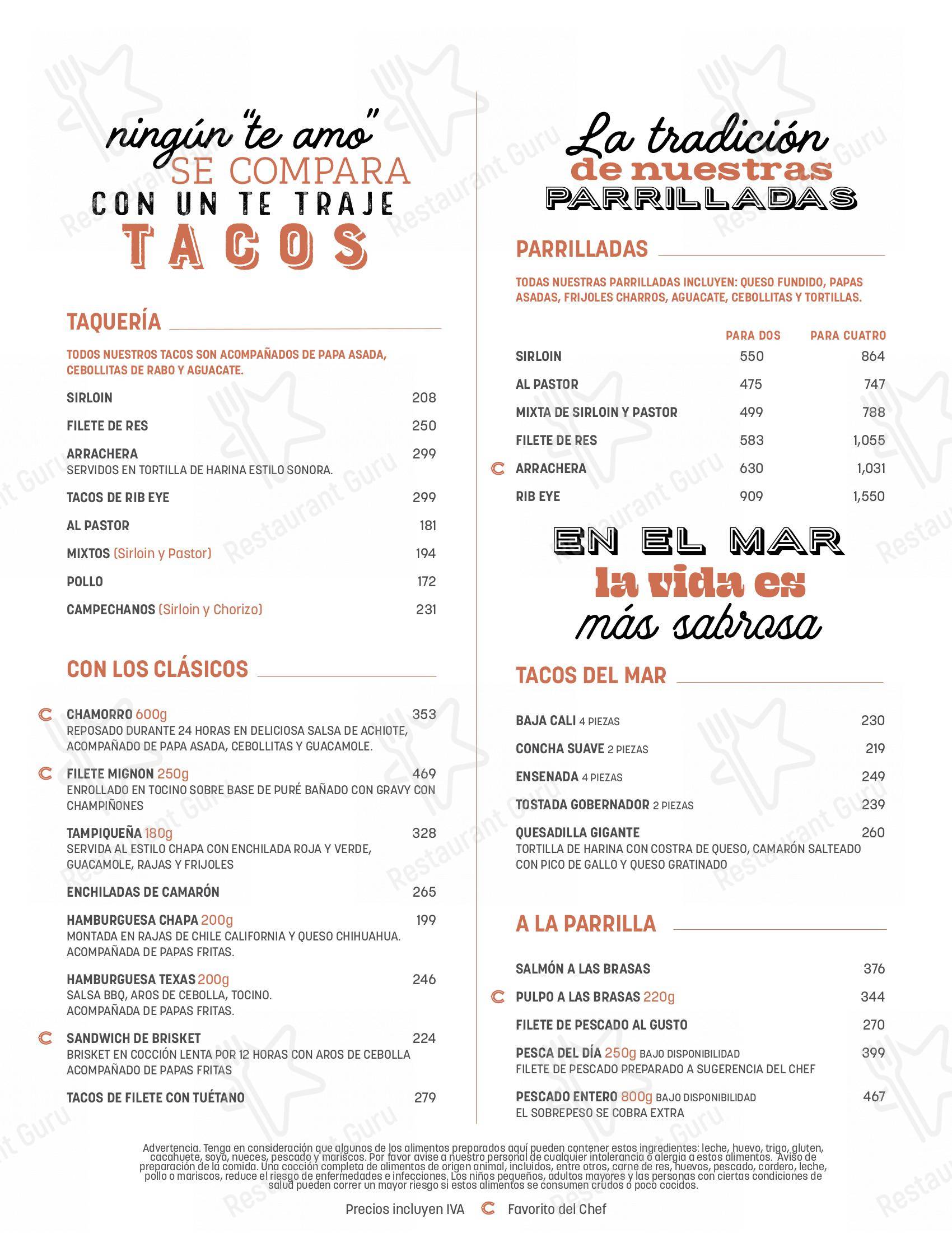 Carta del restaurante Chapa, Ciudad Juarez