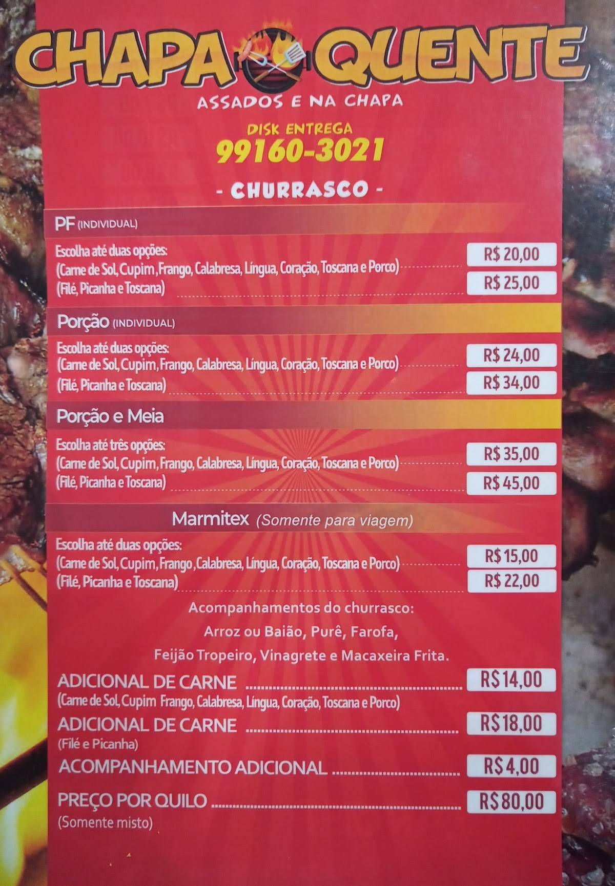Menu em Chapa Quente restaurante, Santarém, Tv