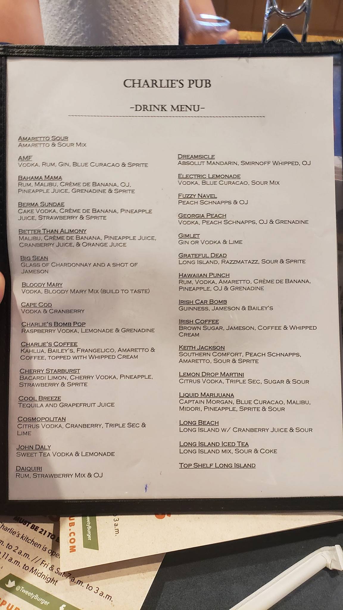Menu at Charlie's Pub & Grub, Terre Haute