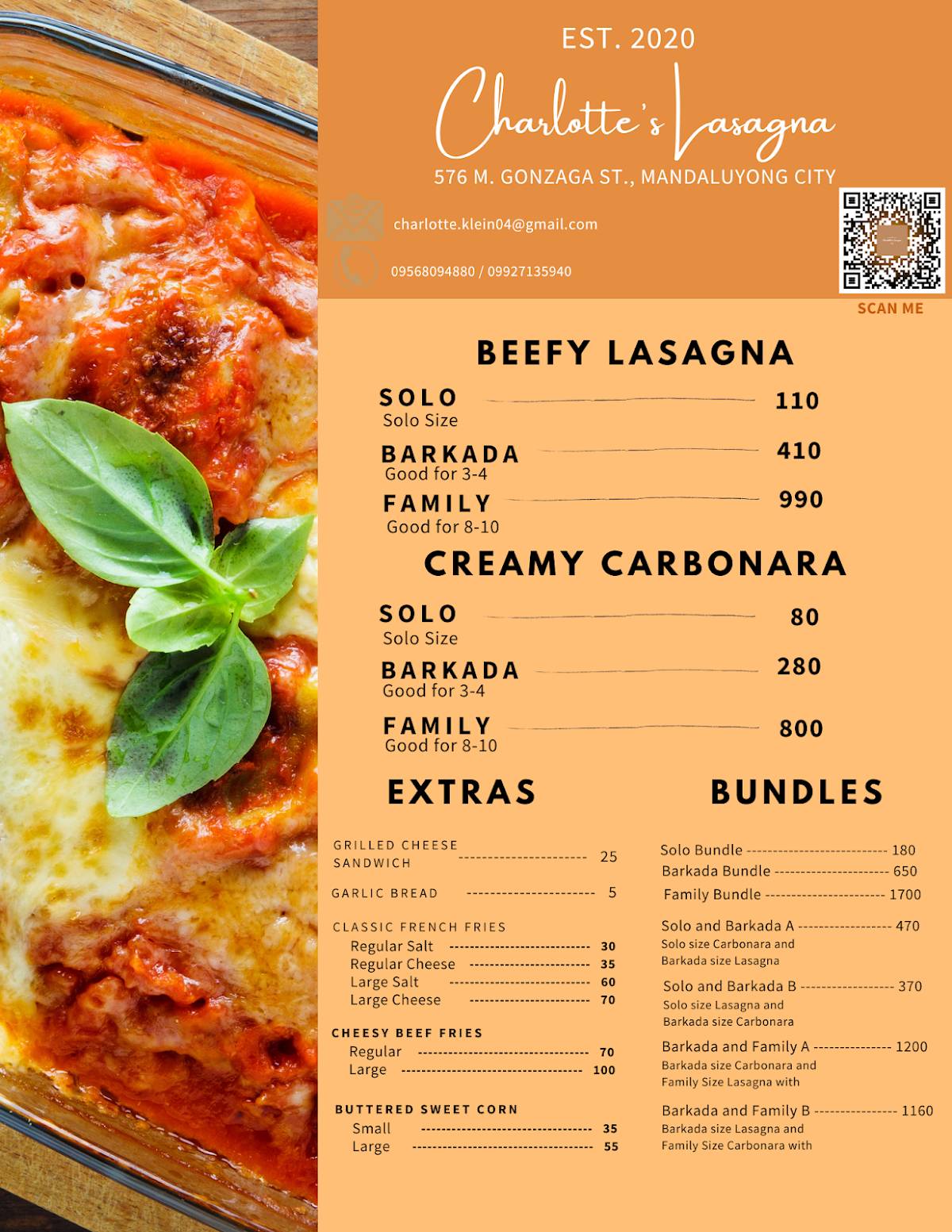 Menu at Charlotte's Lasagna restaurant, Mandaluyong