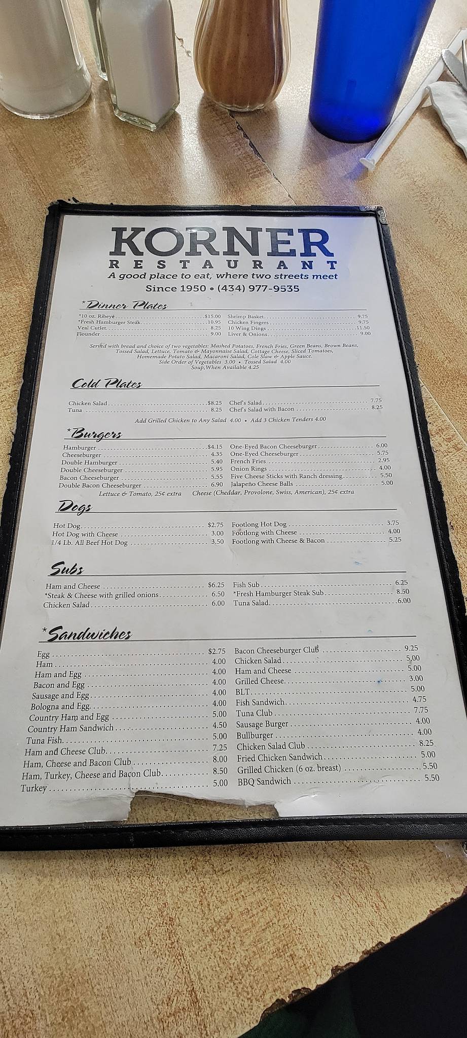 Menu at Korner Restaurant & Catering, Charlottesville, 415 Roosevelt ...