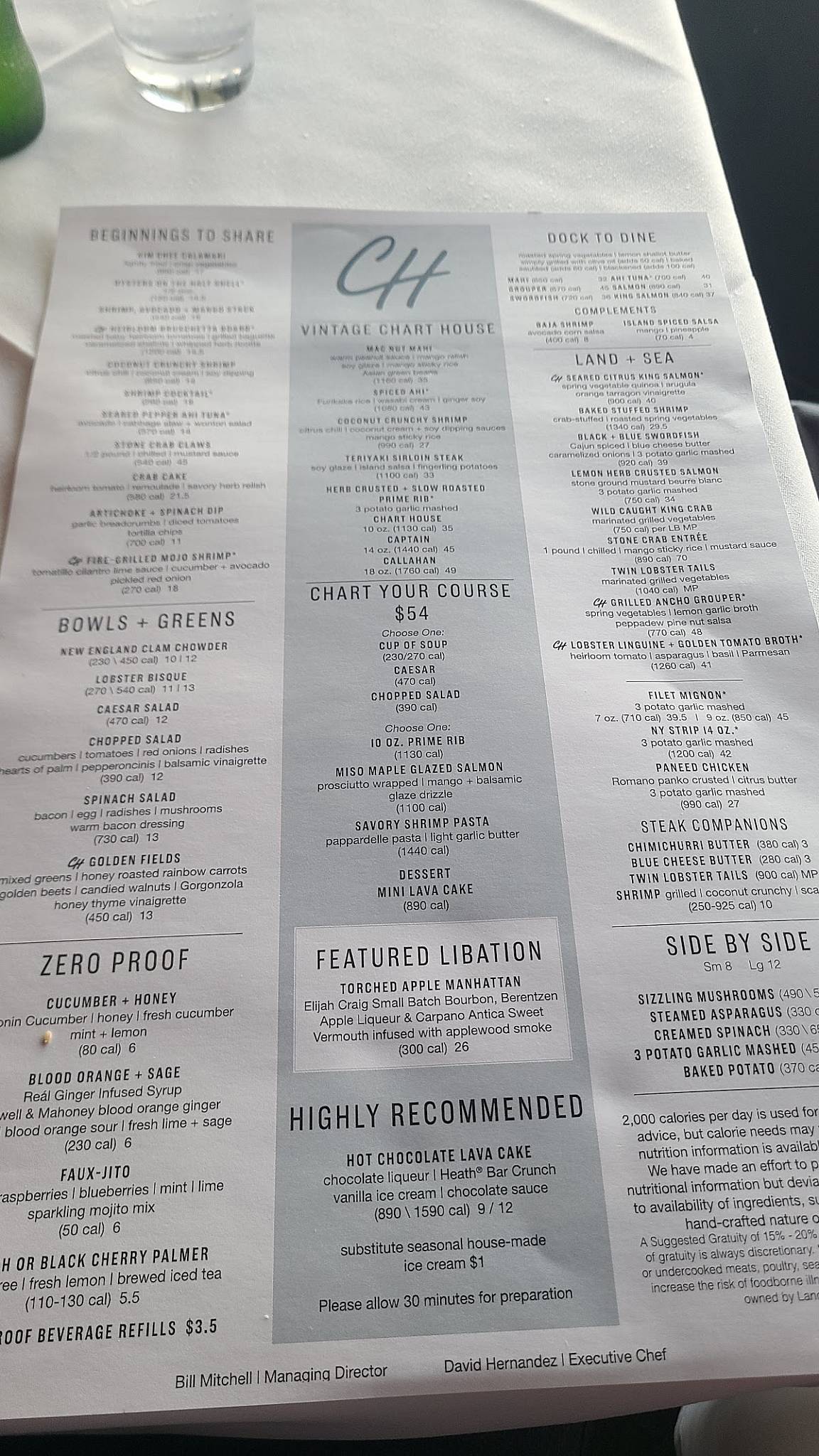 Menu at Chart House steakhouse, Melbourne