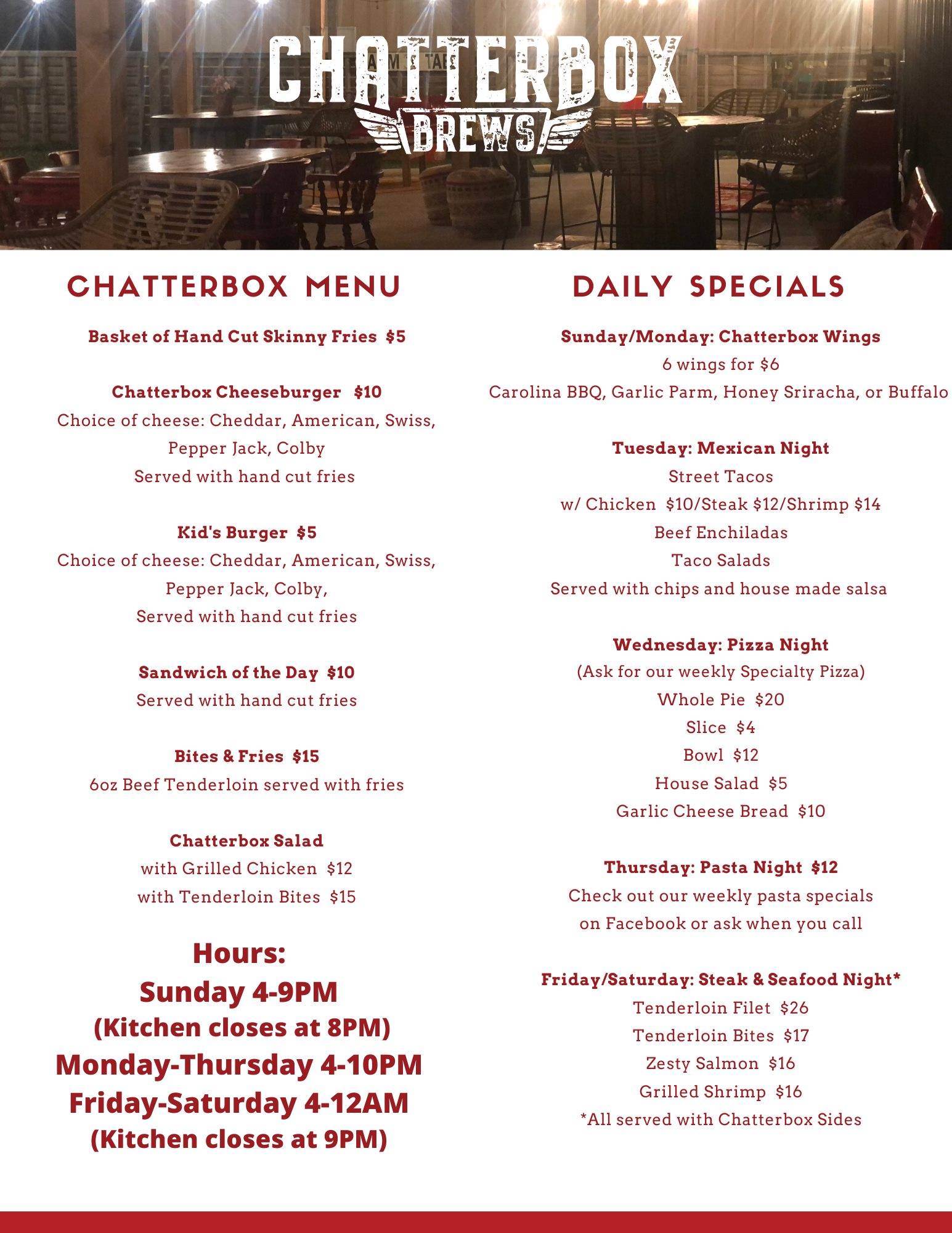 Menu at Chatterbox Brews pub & bar, Tekamah