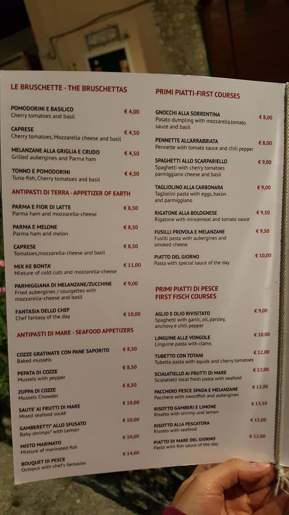 Menu da Che Bontà ristorante, Praiano