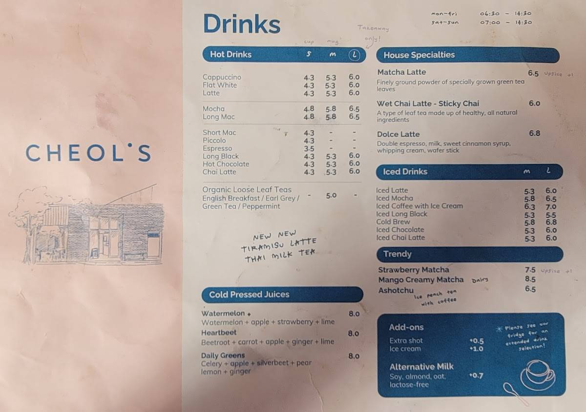 Menu at Cheol's Cafe, Mount Lawley