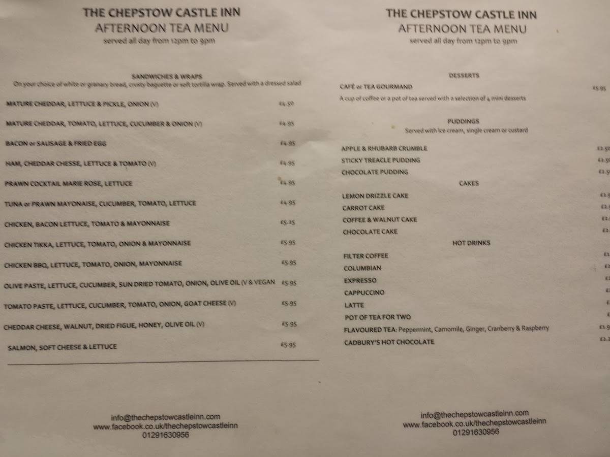 Carta del pub y bar Chepstow Castle Inn, Chepstow