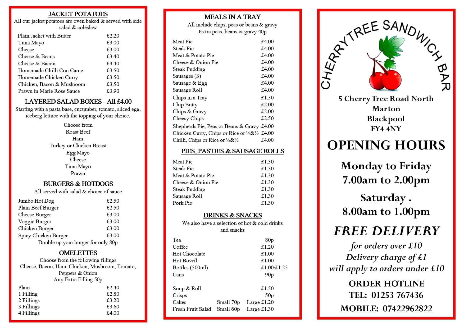 Menu at Cherry Tree Sandwich Bar, Blackpool