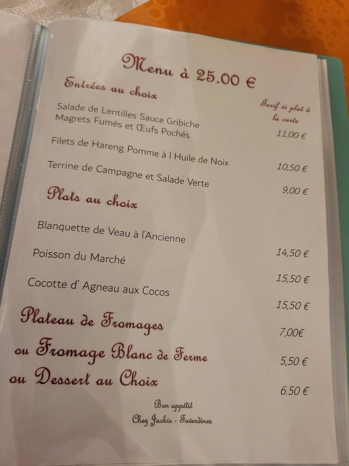 Menu au Chez Jackie restaurant, Faverdines, Les Loges à Gariot
