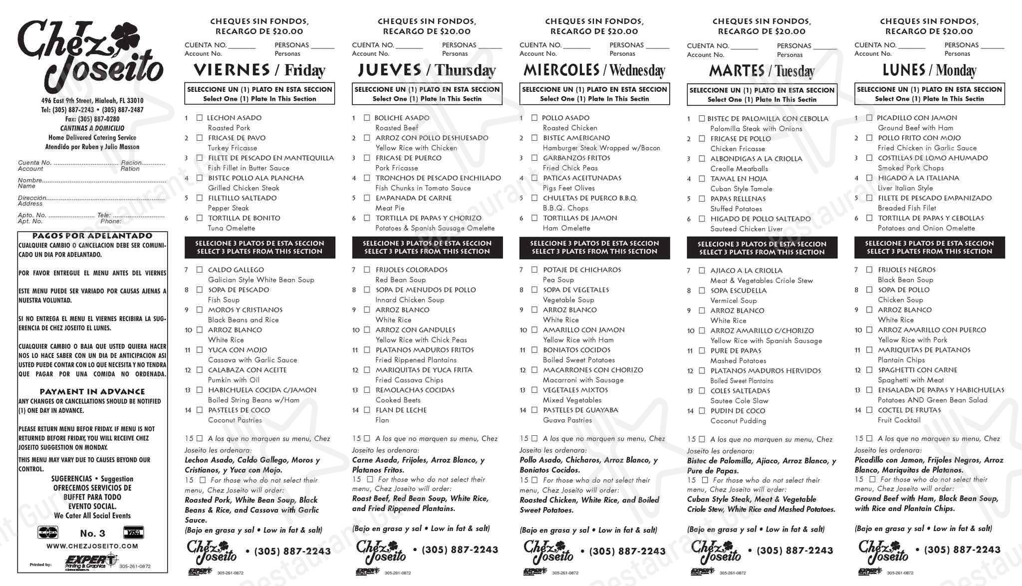 Menu at Chez Joseito restaurant, Hialeah, 496 E 9th St