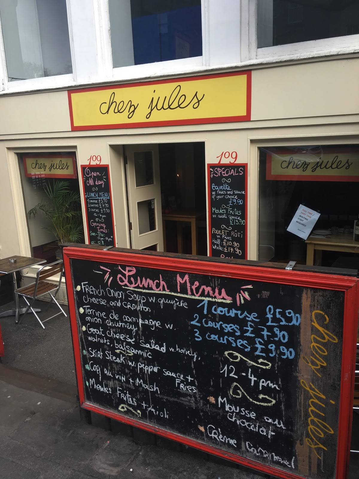 Menu at Chez Jules restaurant, Edinburgh, 109 Hanover St