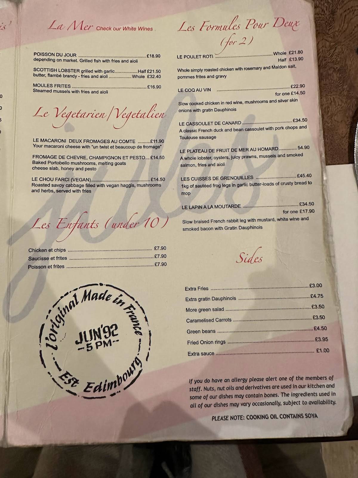 Menu at Chez Jules restaurant, Edinburgh, 109 Hanover St