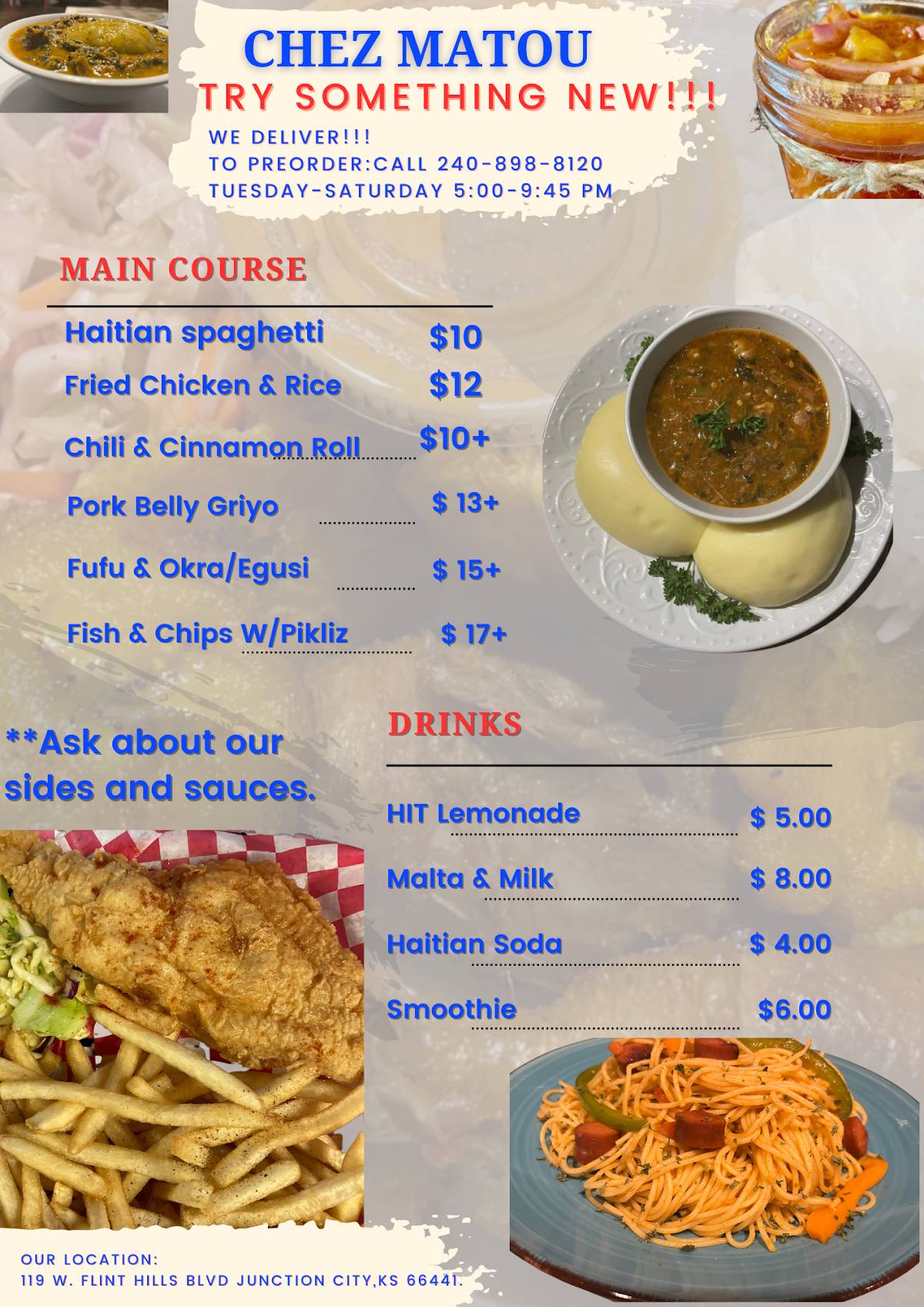 Carta del restaurante Chez Matou Catering, Junction City