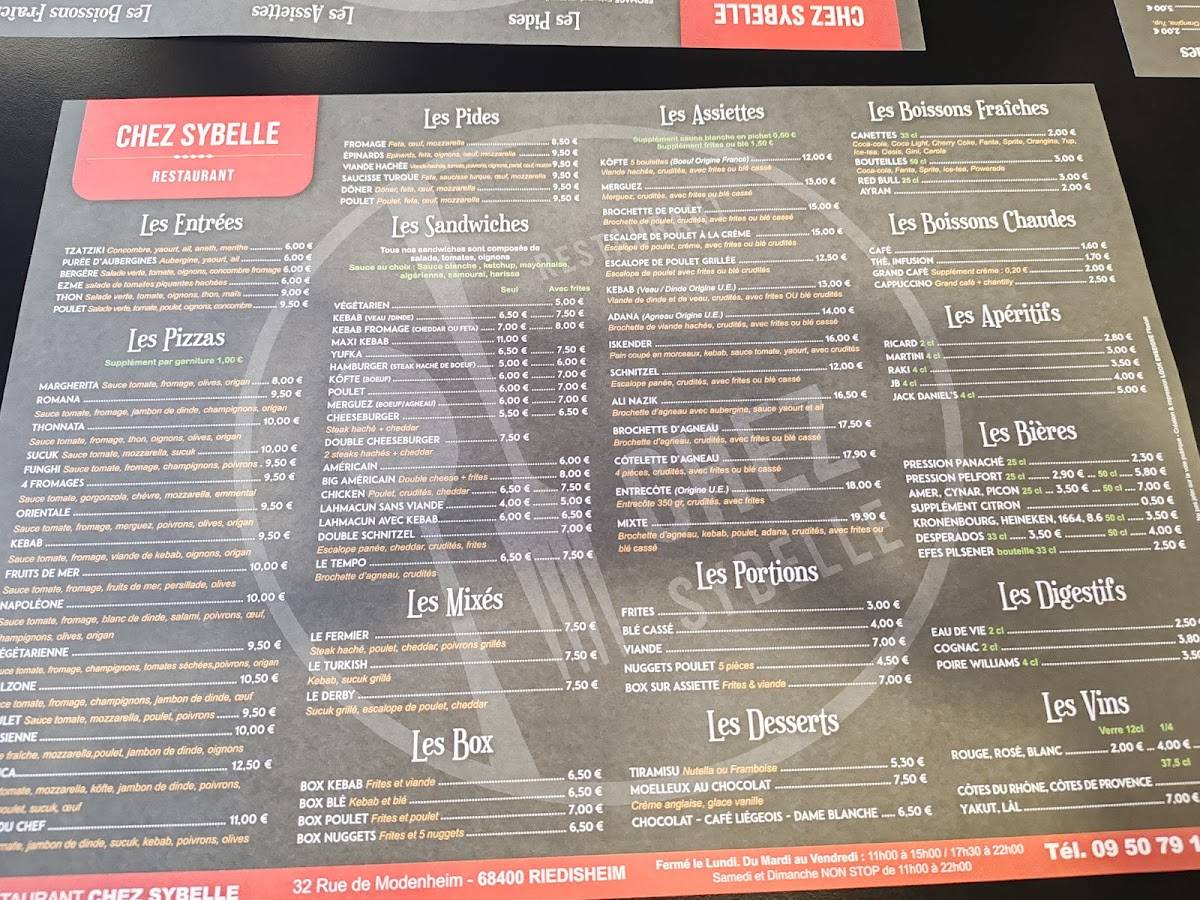 Menu au Chez Sybelle restaurant, Riedisheim