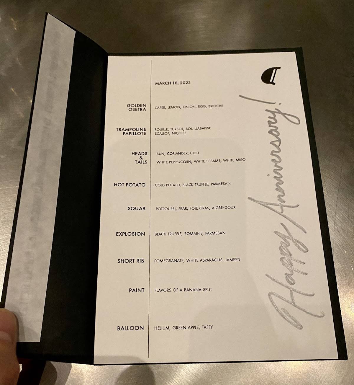 Menu at Alinea restaurant, Chicago, N Halsted St