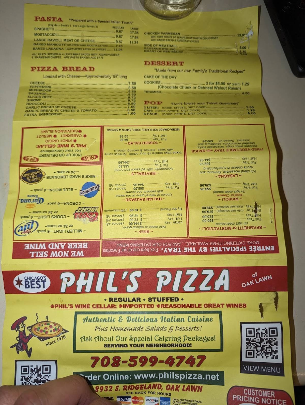 Menu at Phil's Pizza pizzeria, Oak Lawn, Ridgeland Ave