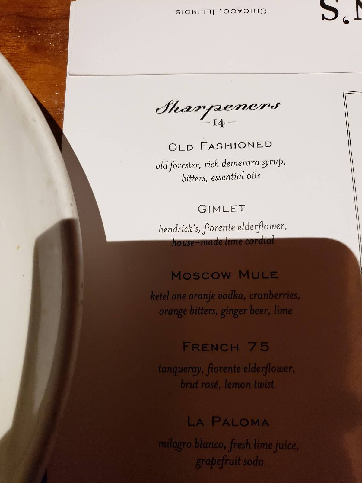 Menu at Remington's steakhouse, Chicago