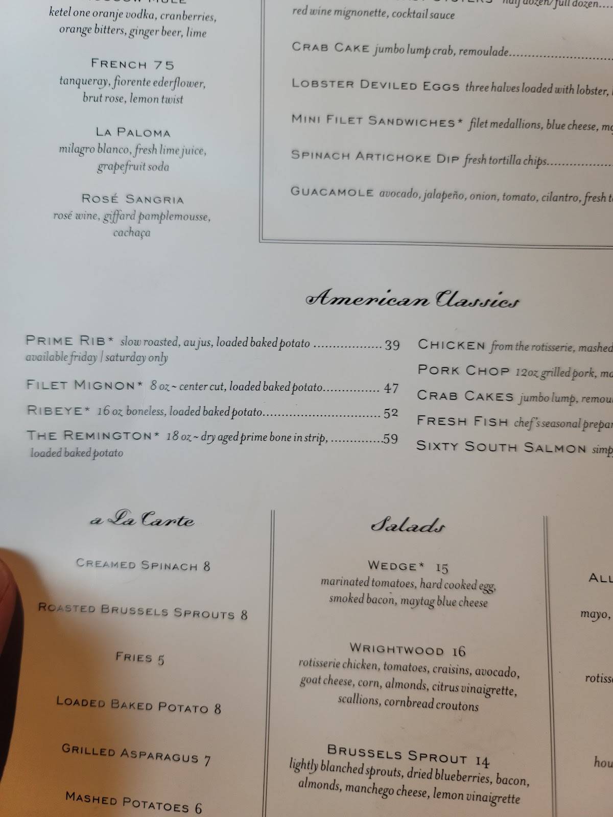 Menu at Remington's steakhouse, Chicago