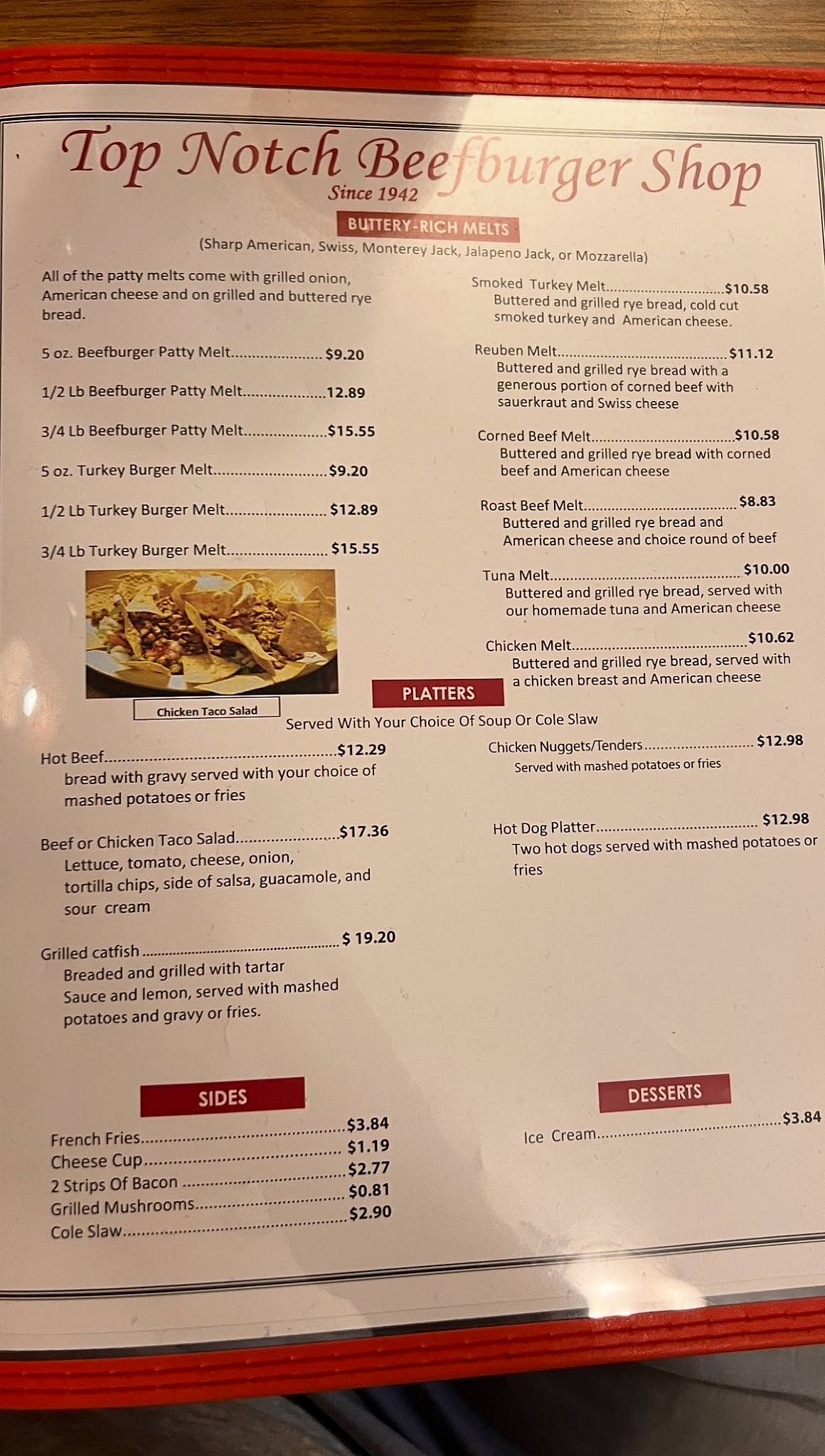 Menu at Top Notch Beefburgers restaurant, Chicago, W 95th St