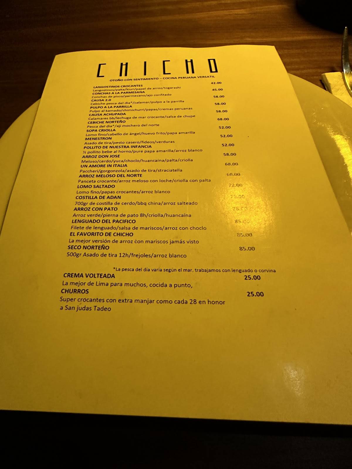 Carta de Chicho Restaurante, Miraflores