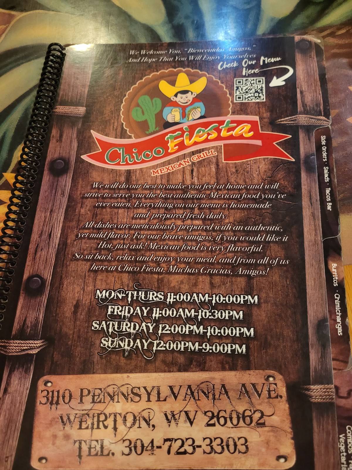 Menu at Chico Fiesta restaurant, Weirton