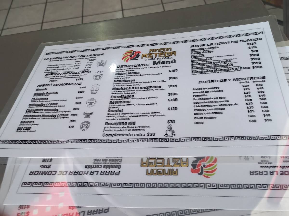 Carta del restaurante Rincon Azteca, Chihuahua