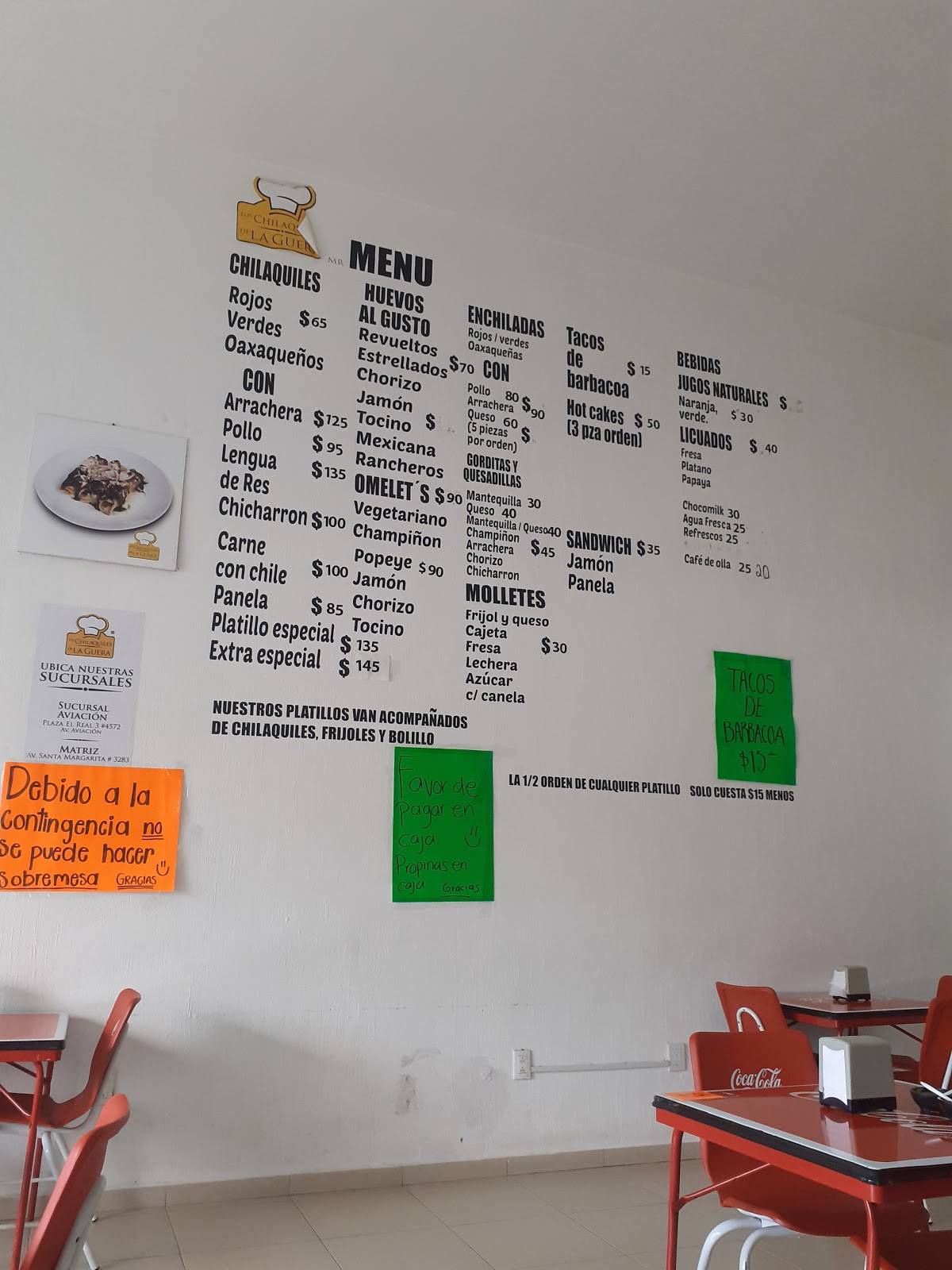 Carta del restaurante Chilaquiles del La Güera., Zapopan
