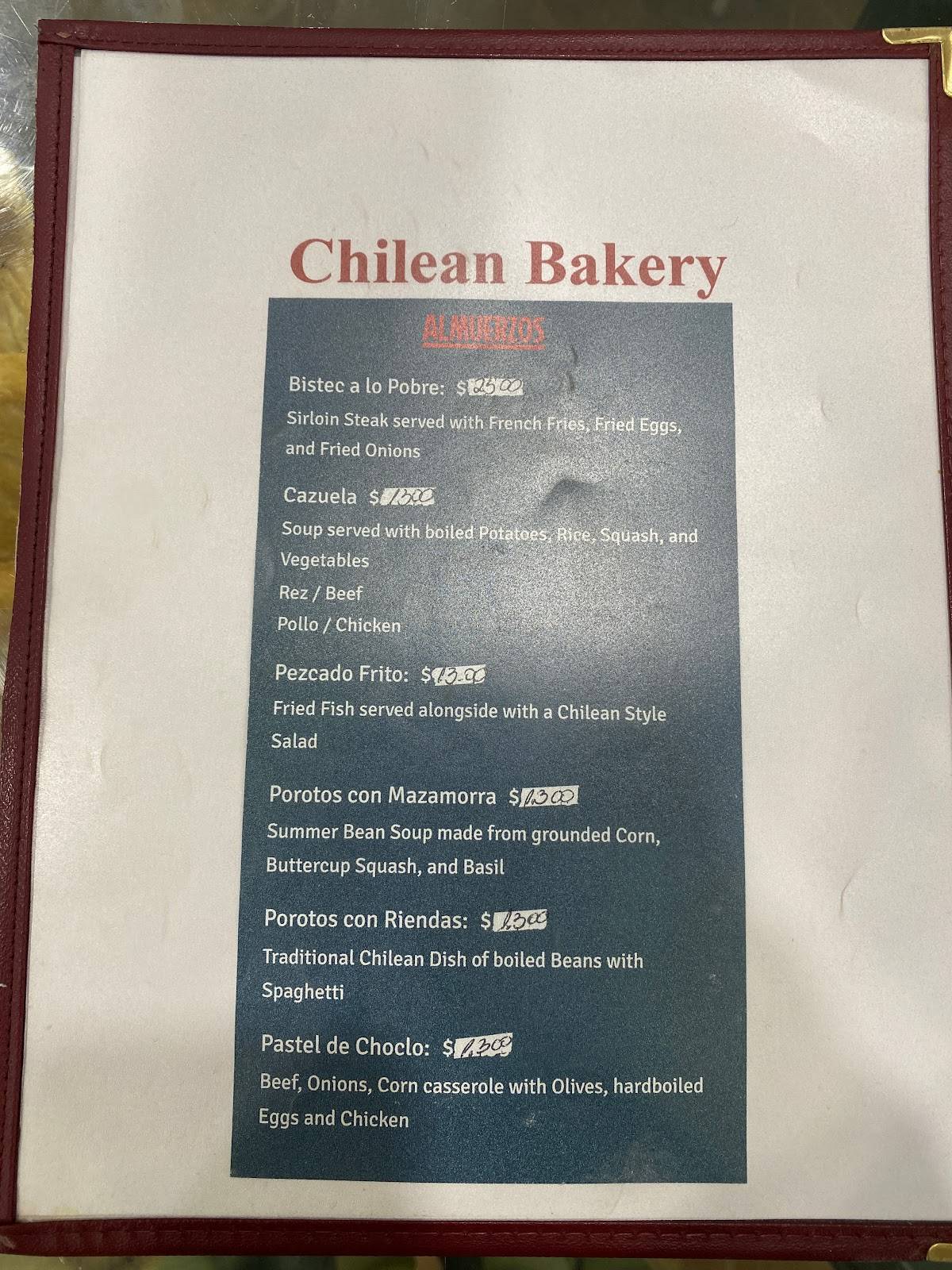 Menu at Chilean Bakery, Roselle Park