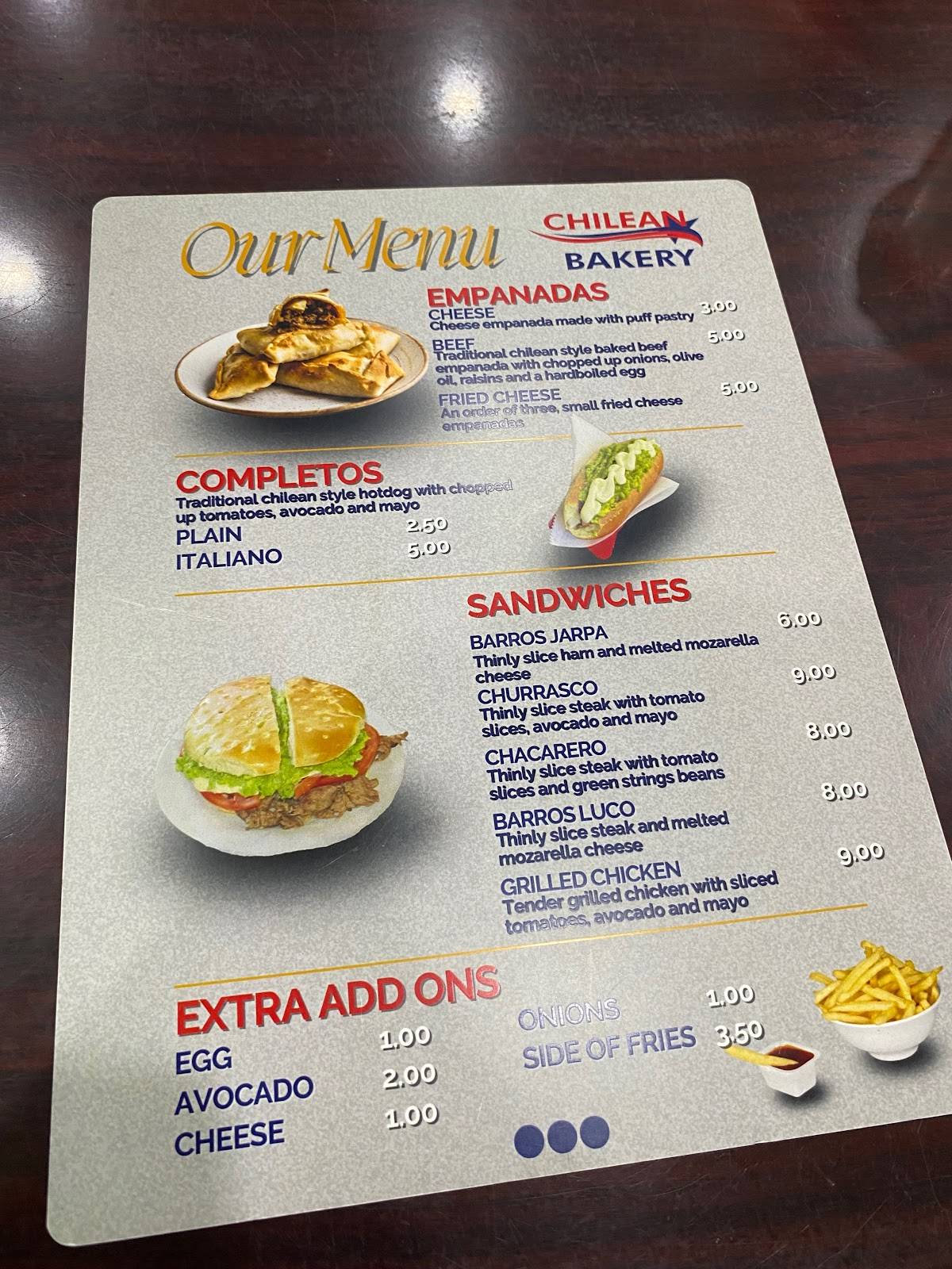 Menu at Chilean Bakery, Roselle Park