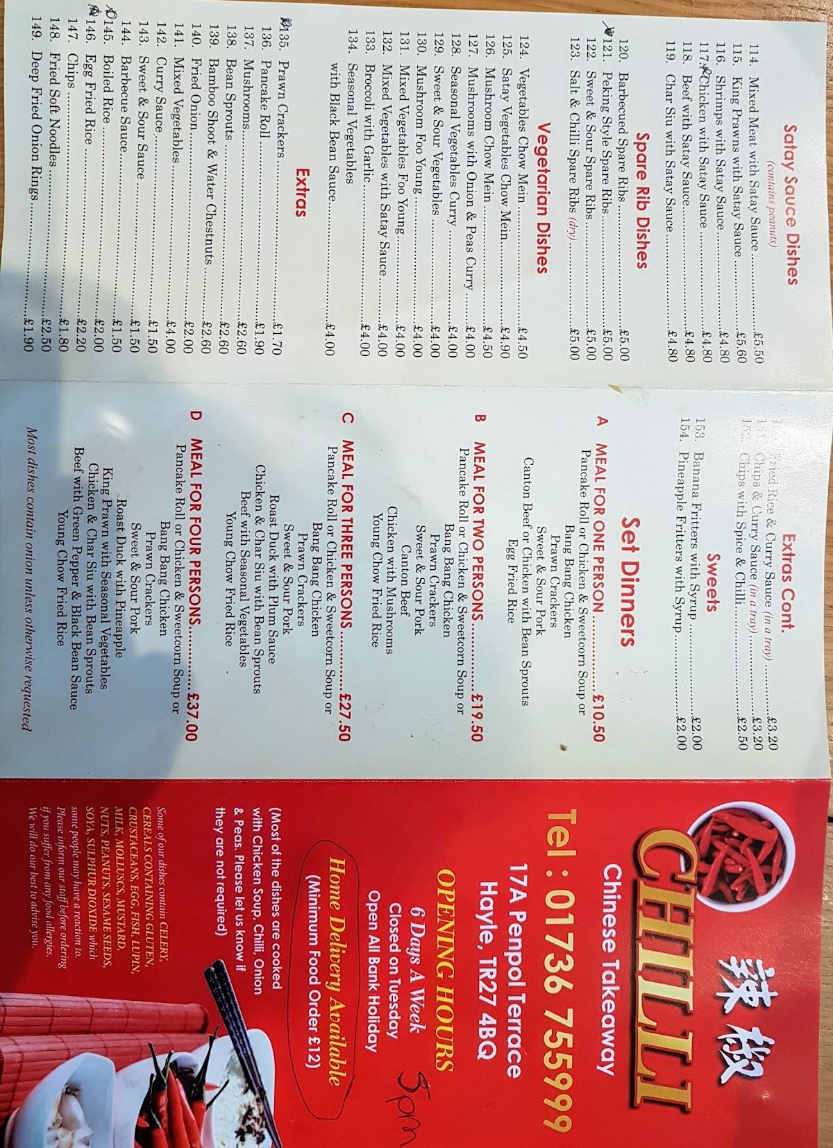 Menu at Chilli Chinese Takeaway fast food, Hayle