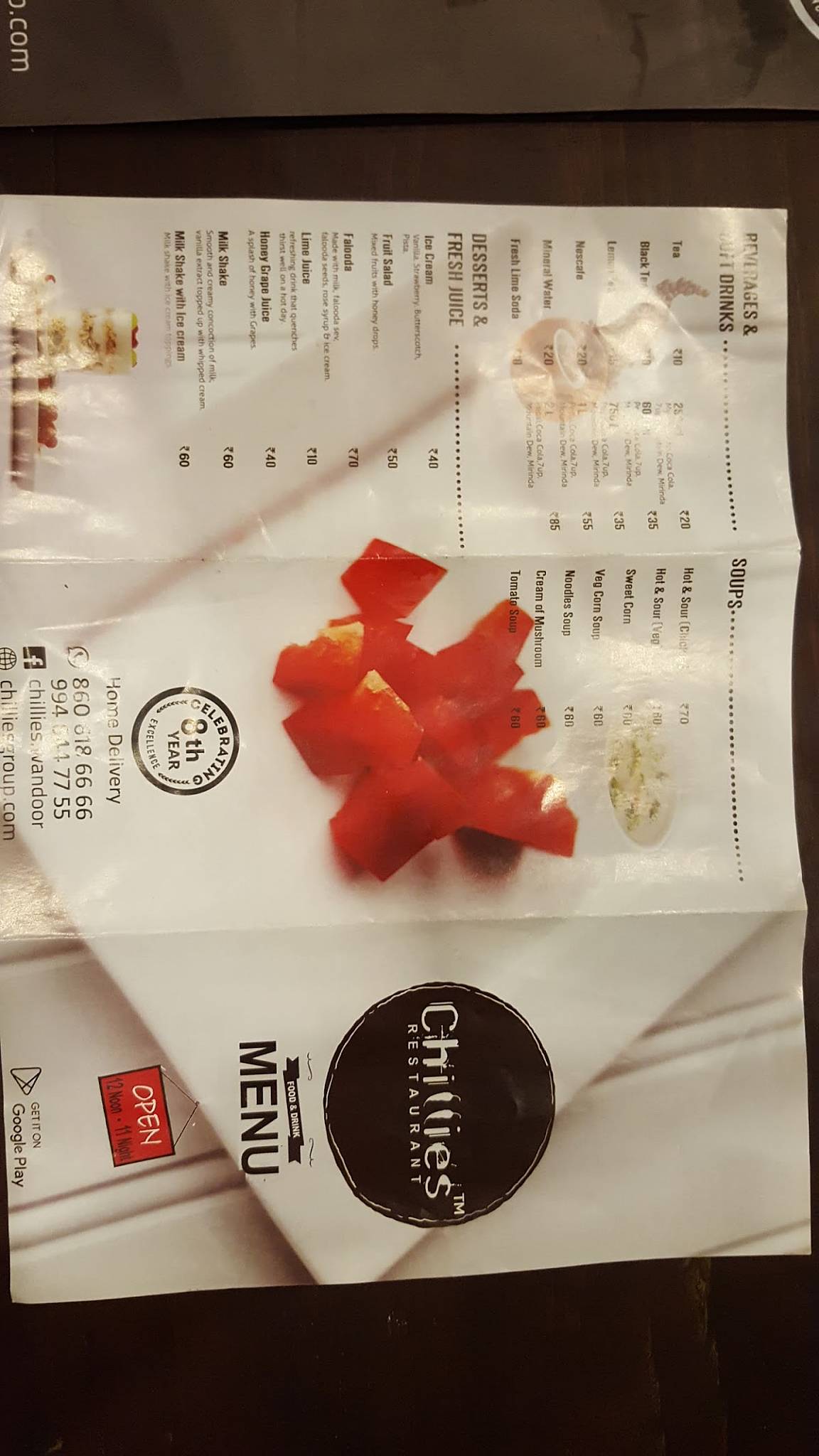 Menu at Chillies Restaurant, Wandoor
