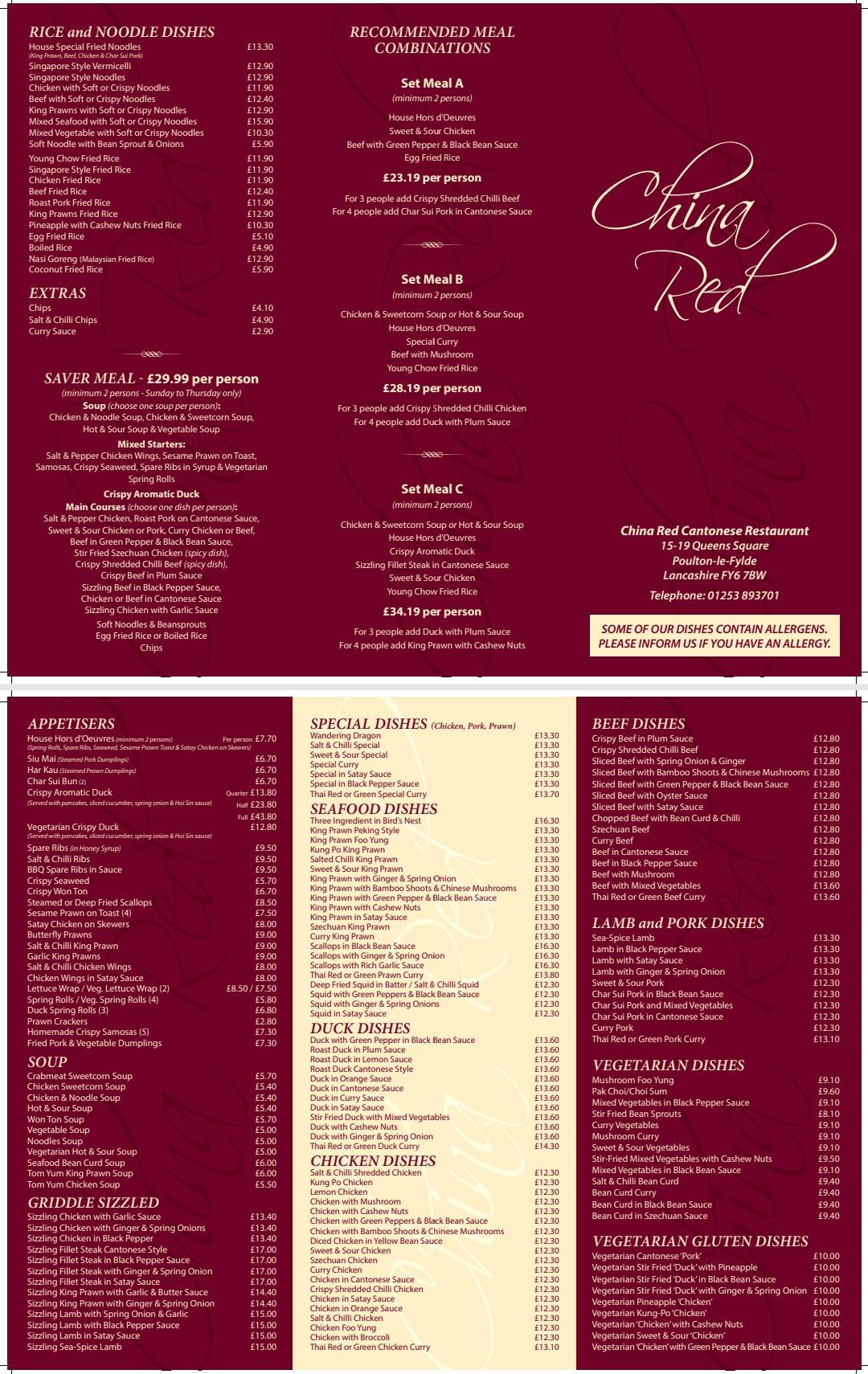 Menu at China Red restaurant, Poulton-le-Fylde