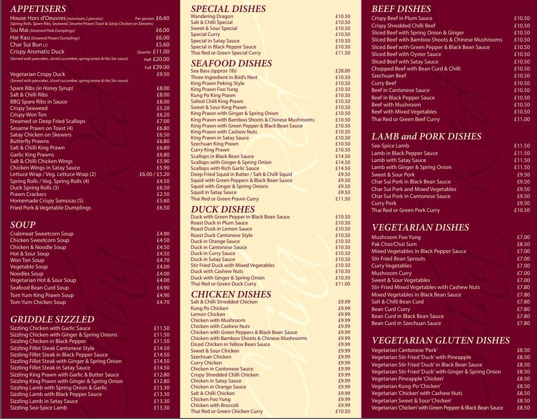 Menu at China Red restaurant, Poulton-le-Fylde