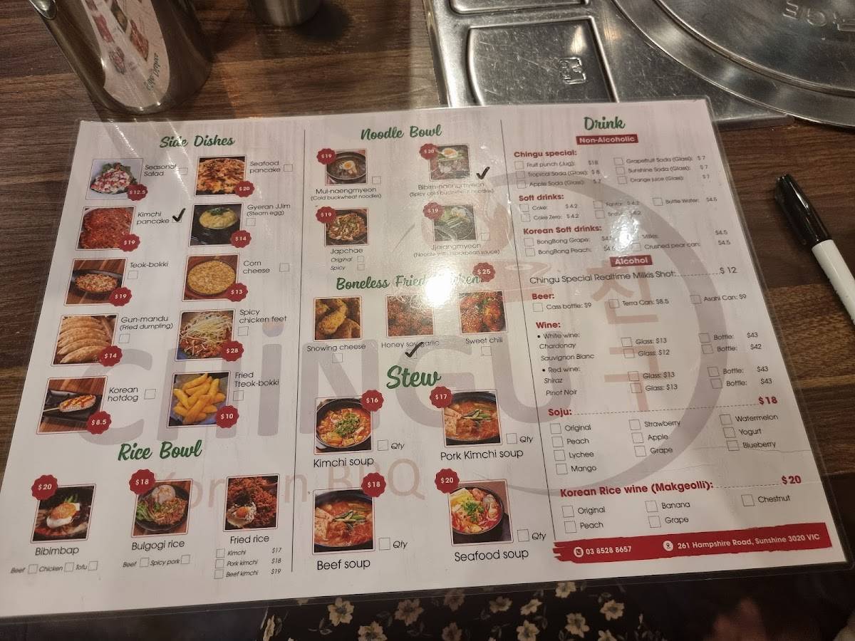 Menu at Chingu Korean BBQ Sunshine, Sunshine