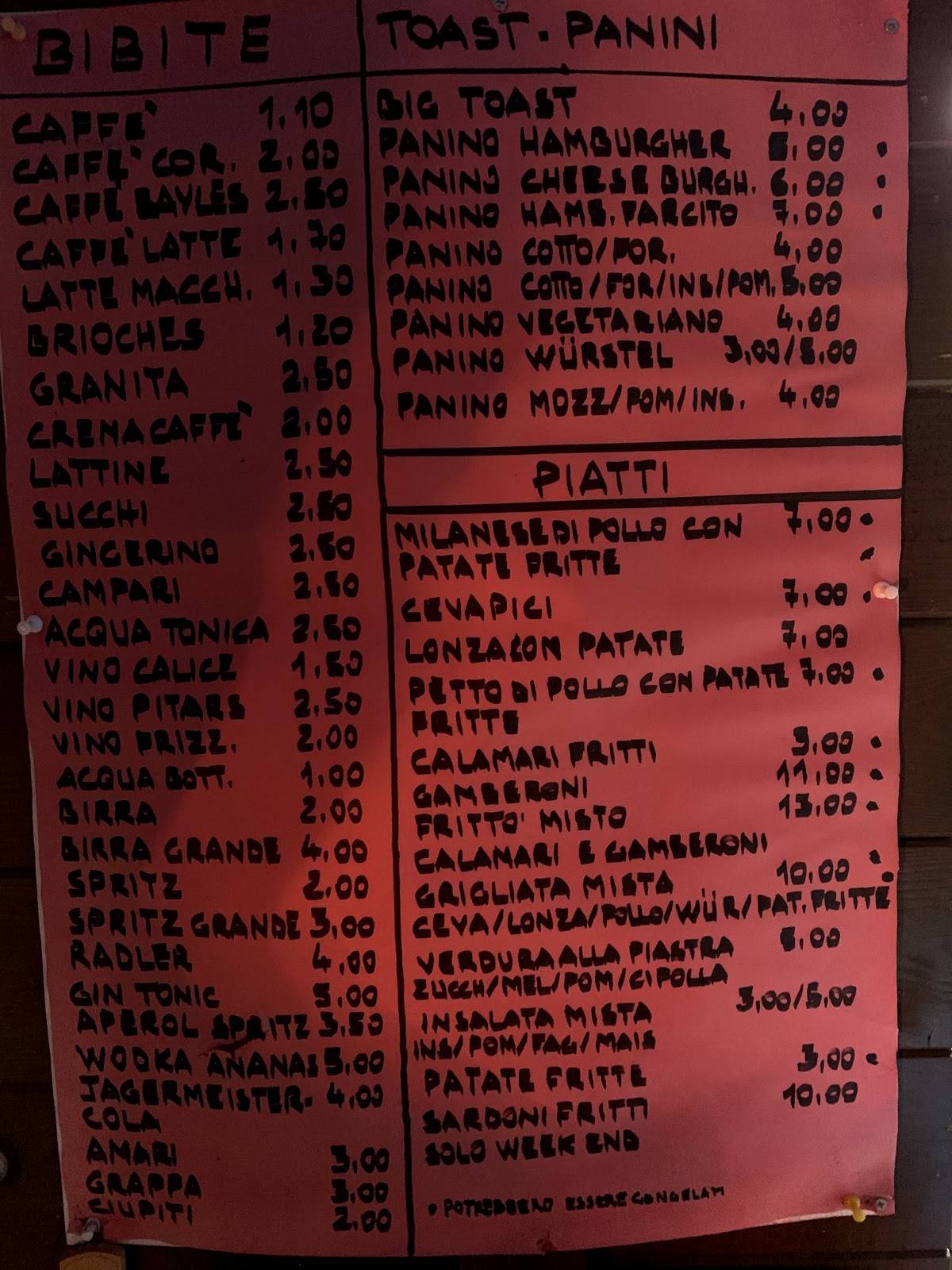 Menu da Chiosco Rio Ospo pub & bar, Muggia