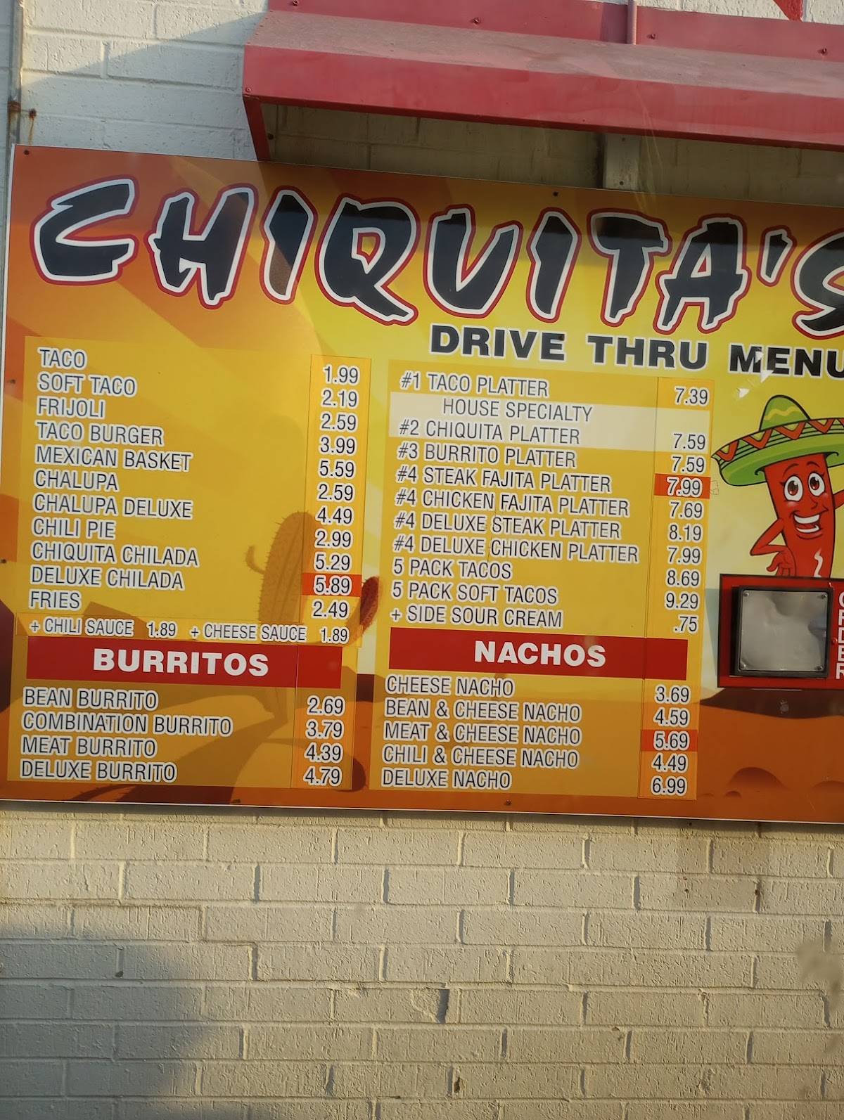 Menu at Chiquita's restaurant, Mena, 703 US-71