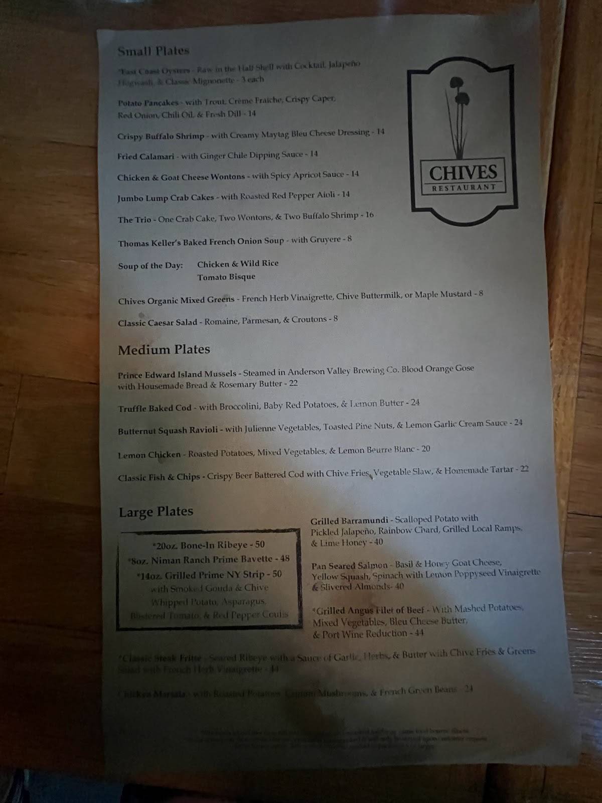 Menu at Chives Restaurant, Suamico