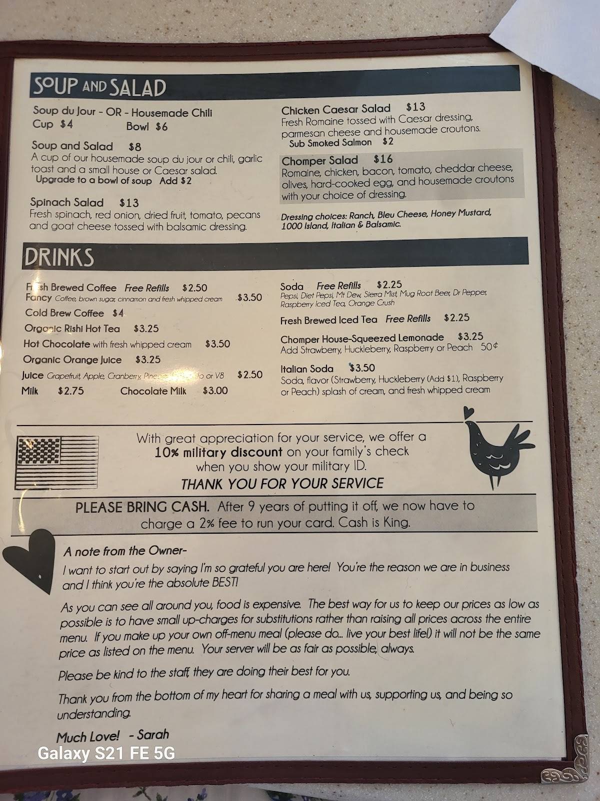 Menu at Chomper Cafe, Hayden, W Prairie Ave