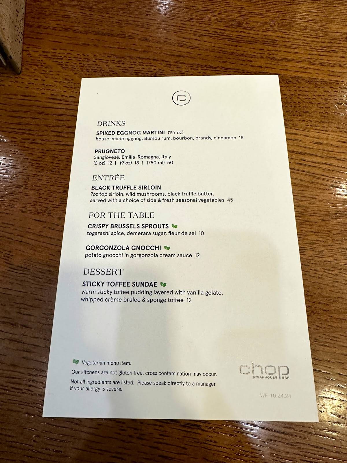 Menu at Chop Steakhouse & Bar, Saskatoon