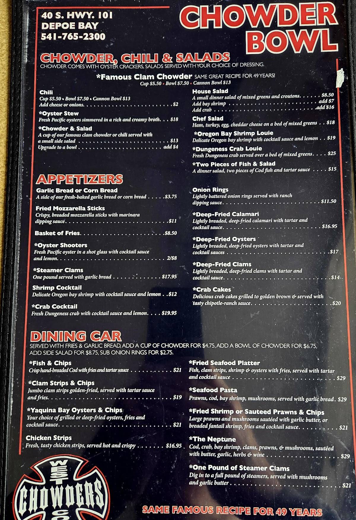 Menu at Chowder Bowl restaurant, Depoe Bay