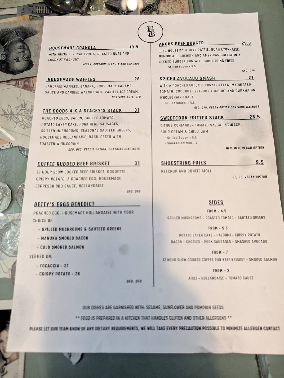 Menu at Black Betty Cafe, Christchurch