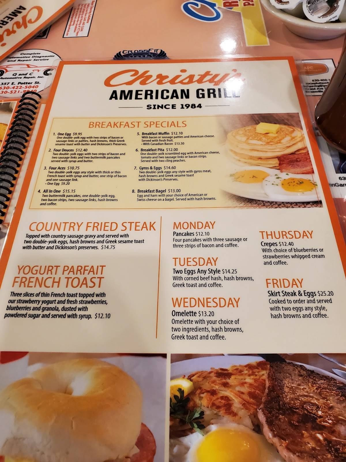 Menu at Christy's restaurant, Wood Dale