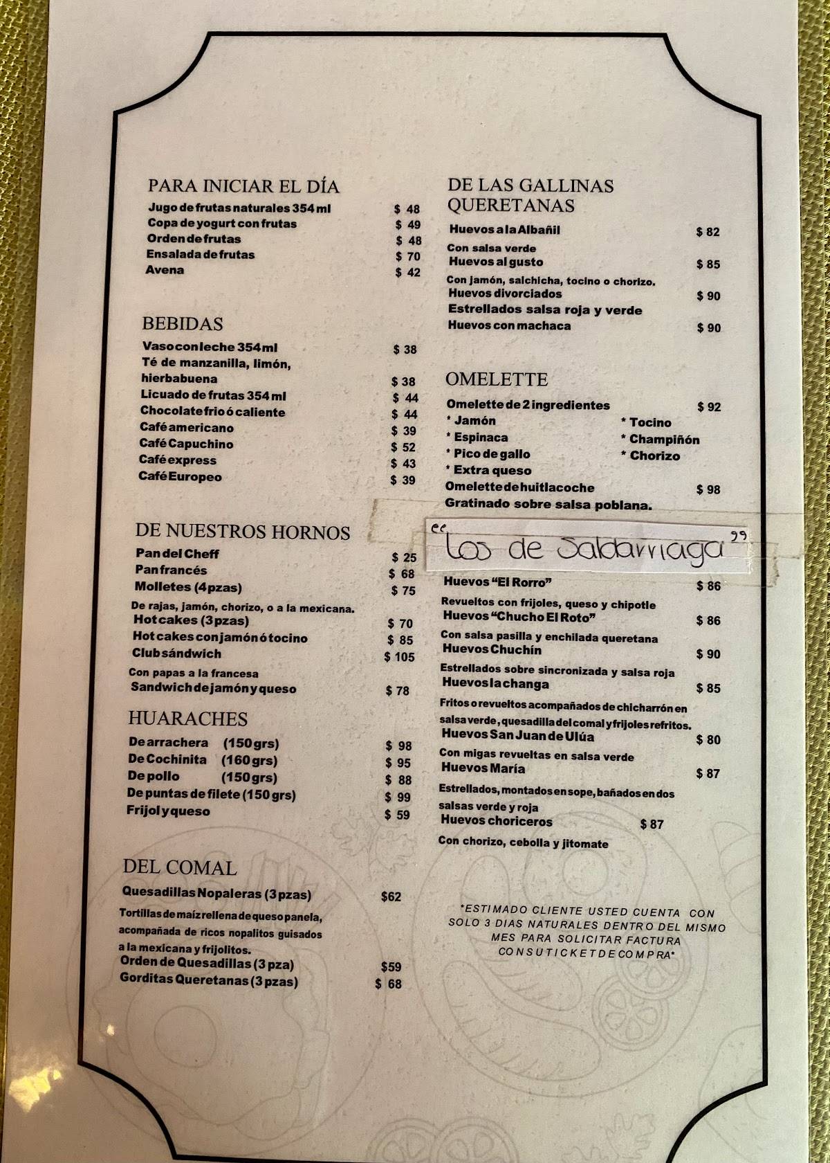 Carta del restaurante El Mesón del Chucho El Roto, Santiago del Querétaro