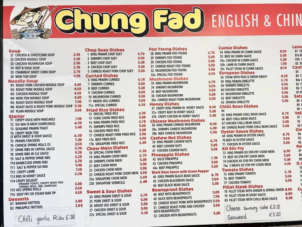 Menu at Chung Fad fast food, Liverpool, 20 South Rd