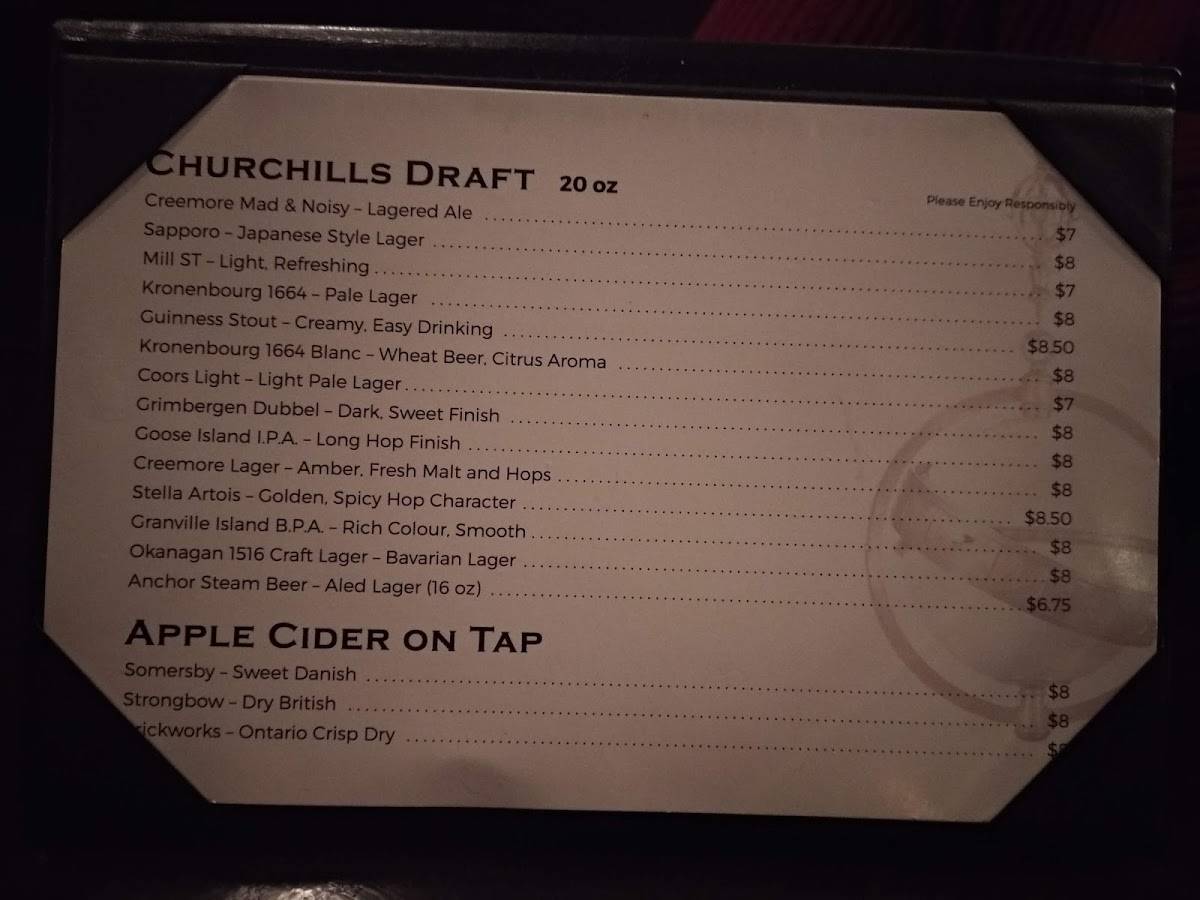 Menu at Churchills pub & bar, Ottawa
